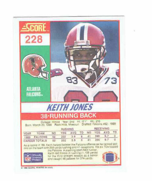 Keith Jones Atlanta Falcons #38 RB #228 Score 1990 Football Card | eBay