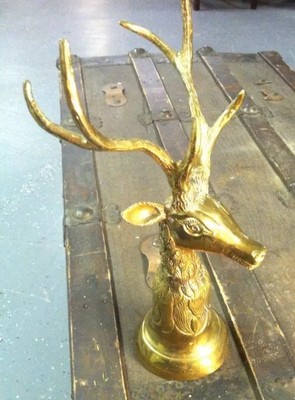 Rare Vintage Large Brass Deer Head Bell 12" Tall Antique Antlers Patina ...