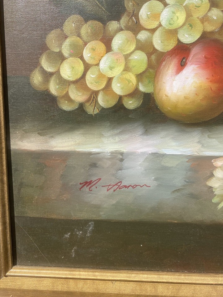 Rare M. Aaron Signed Wine & Grapes Still Life Vibrant Oil Painting With ...