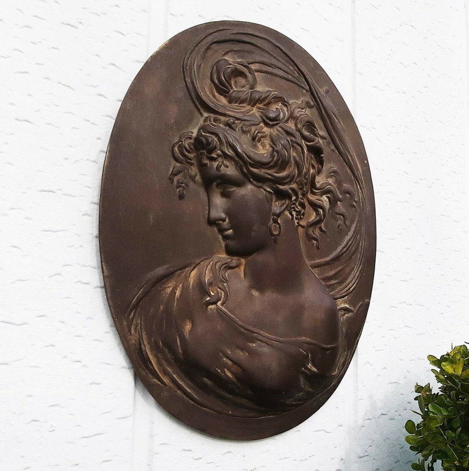 LRG 14" art nouveau lady antique bronze wall statue plaque vtg woman ...