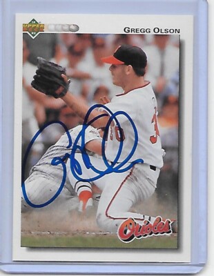 Baseball Card IP auto GREGG OLSON 1992 Upper Deck Baltimore Orioles b ...