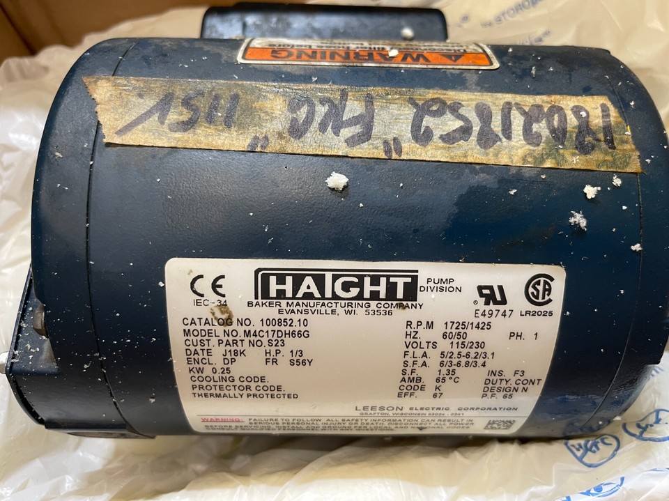 Haight PUMP MOTOR 100852.10 1/3hp PH1 115/230V M4C17DH66G S23 1725/1425 ...