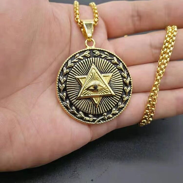 Mens Round Gold Eye of Providence Pendant Necklace Illuminati Jewelry ...