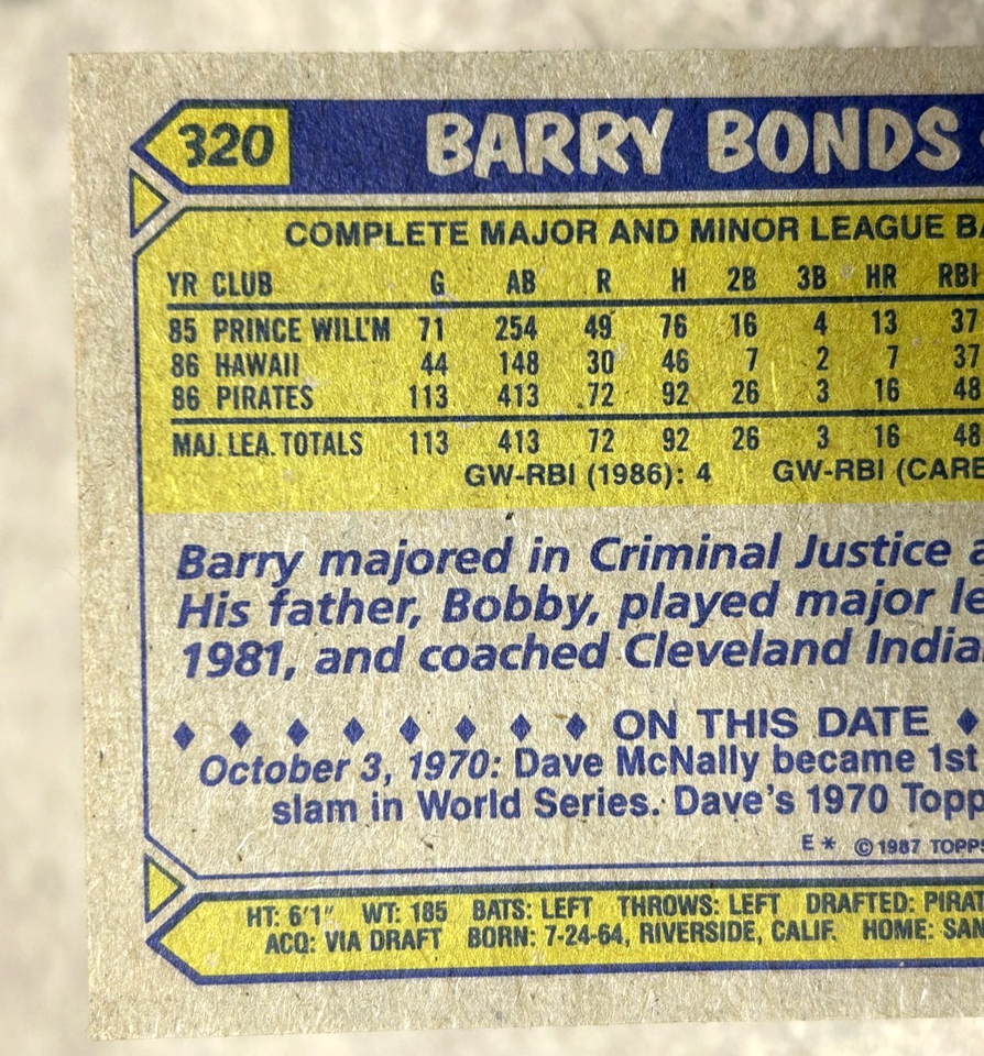 1987 Topps 320 Barry Bonds Rookie Error Card - Clipped 3 & 0 - High ...