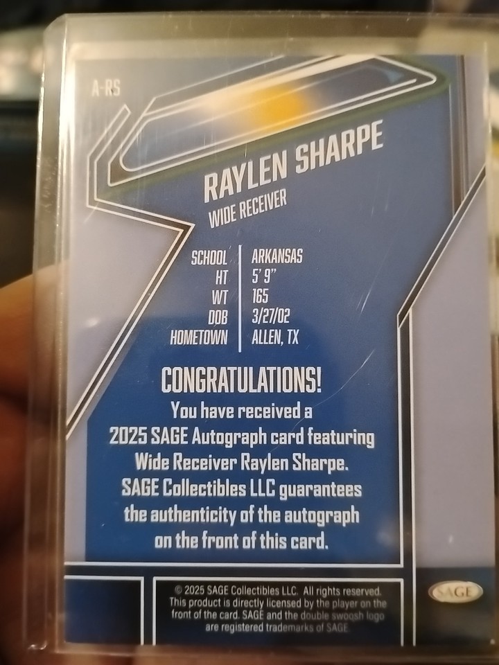 2026 SAGE Low Autograph Blue /1 1/1 #A-RS RAYLEN SHARPE Signed Auto ...
