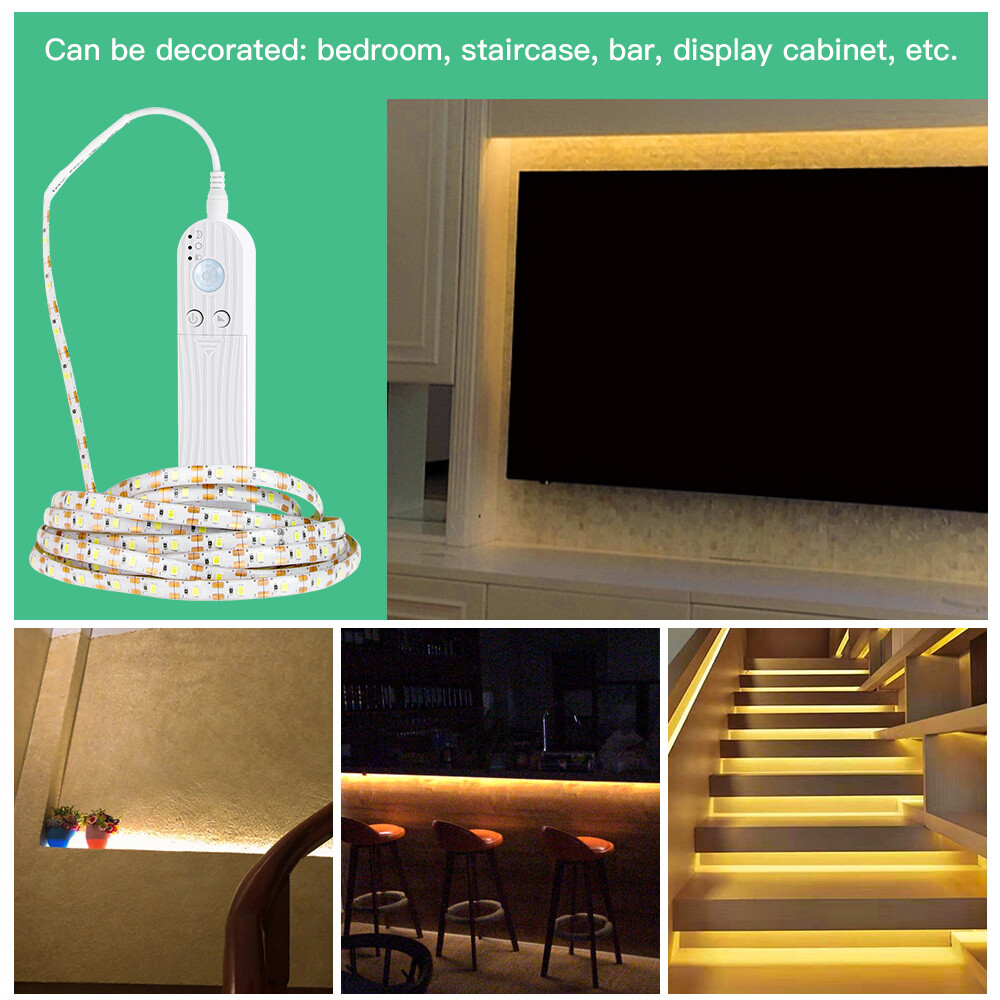 PIR Motion Sensor LED Strip Light Battery Powered Stairs Cabinet Closet ...