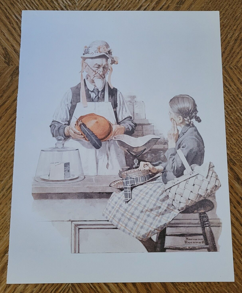 Thoughtful Shopper Grocer with Wearing Girl's Bonnet Norman Rockwell ...