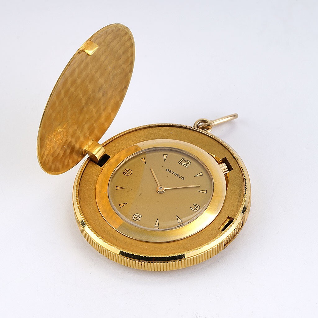 Benrus 18K Yellow Gold Coin Flip Desk Clock Manual Movement 35mm Pocket ...