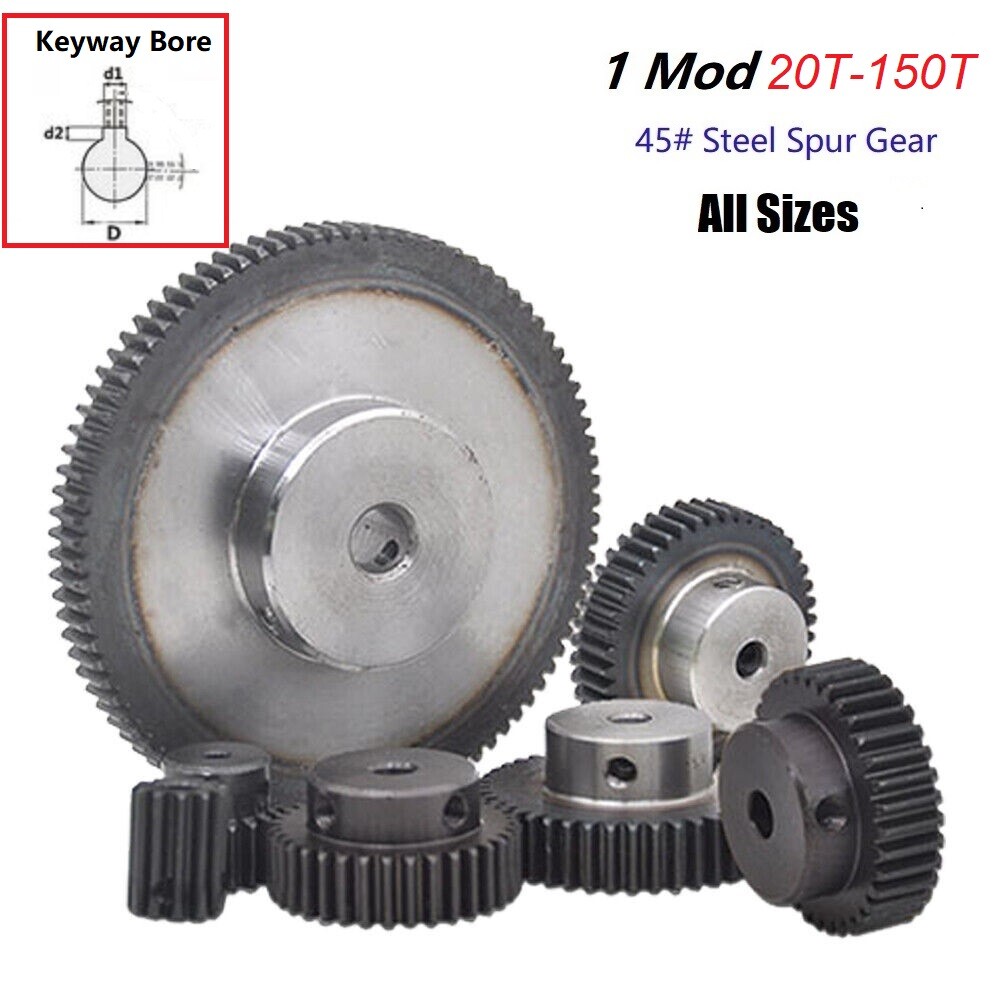 1 Mod 20T-150T Precision Spur Pinion Gear With Step Keyway Bore 45#C ...