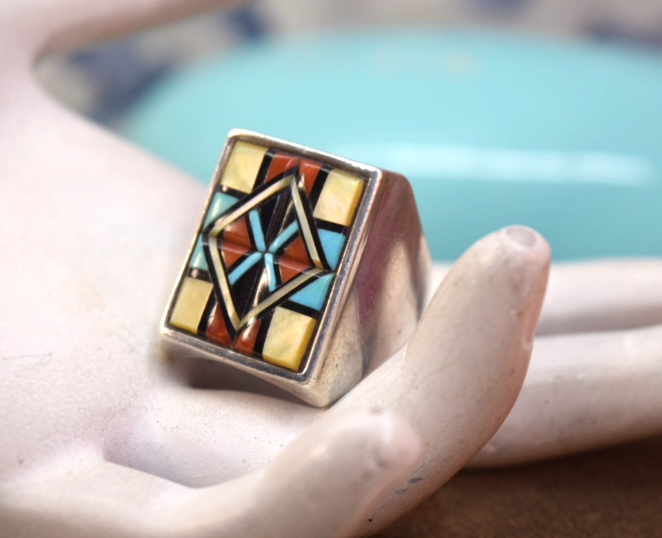 Vintage Zuni Men's Sterling Gemstone Inlay Ring sz 10 | eBay