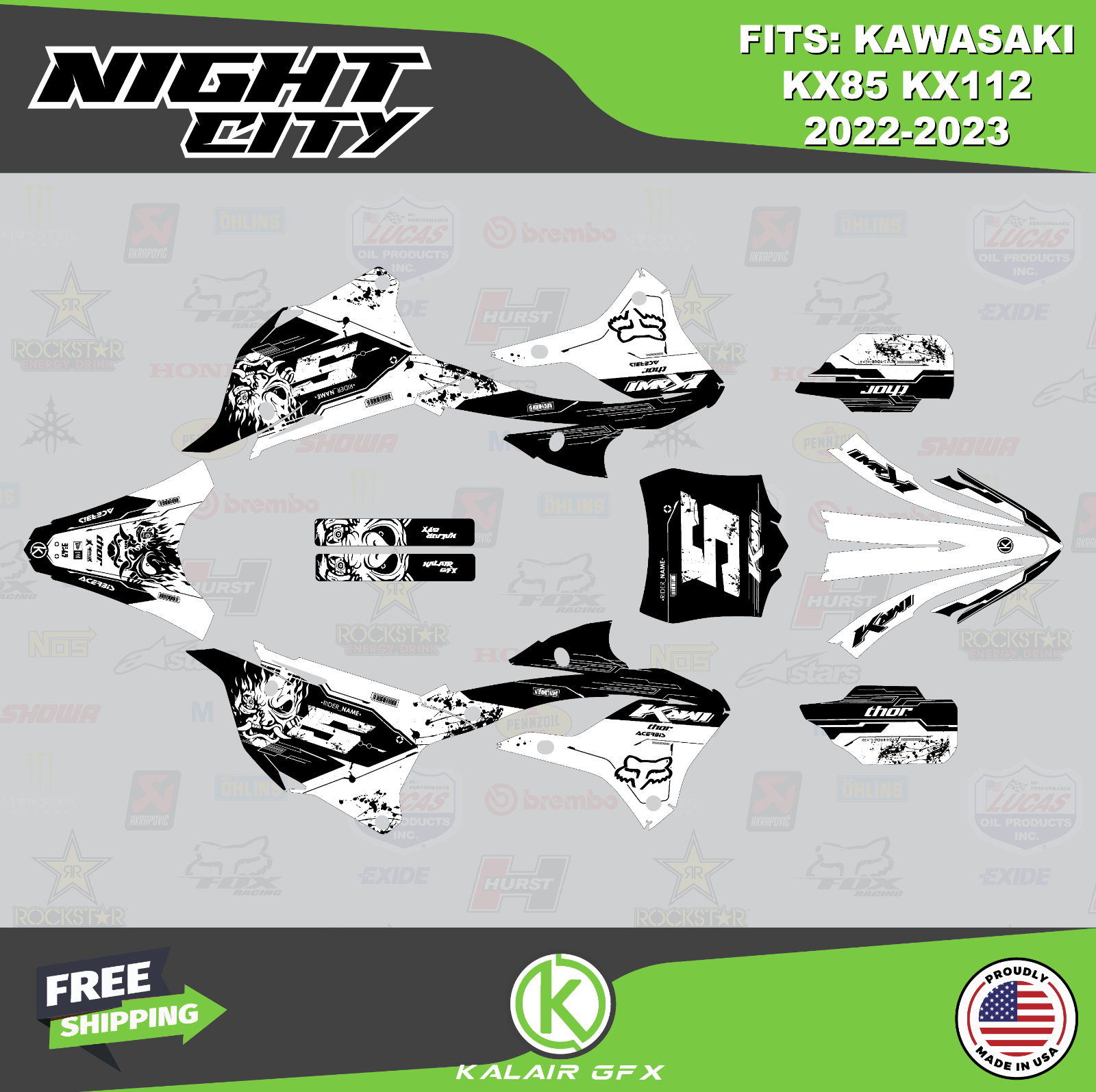 Graphics Kit for KAWASAKI KX85 KX112 2022 2023 NightCity Series - White ...