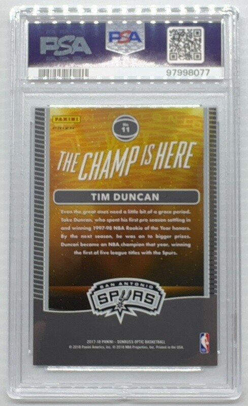 2017-18 Donruss Optic Tim Duncan The Champ Is Here Holo Prizm #11 PSA 8 ...