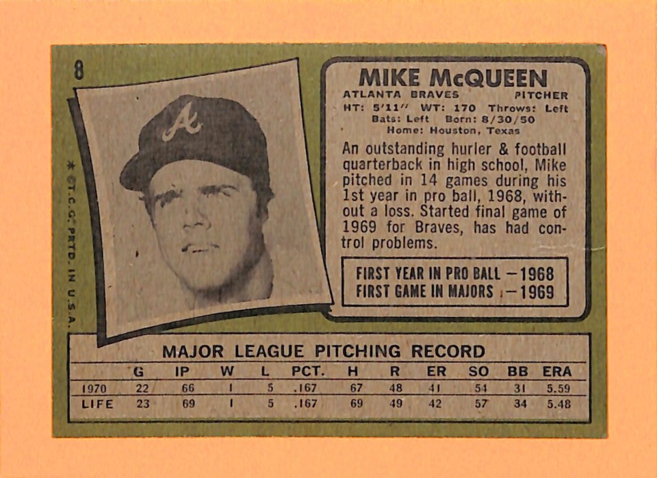 1971 Topps #8 Mike McQueen Atlanta Braves | eBay