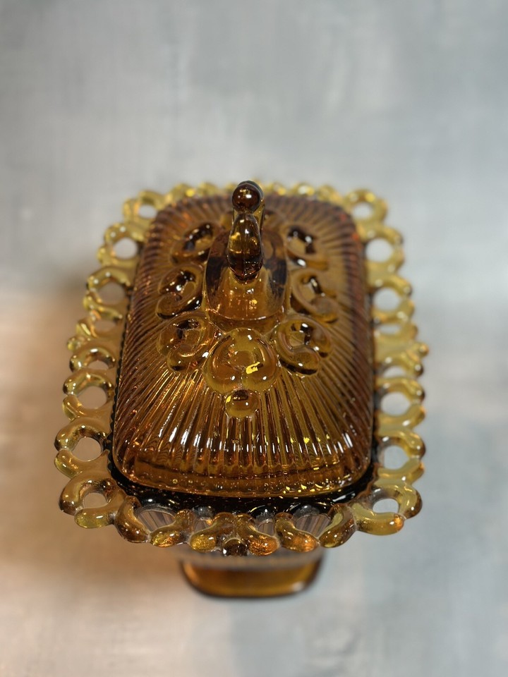Vintage Open Lace Amber Indiana Glass Rectangle Candy Dish Pedestal ...