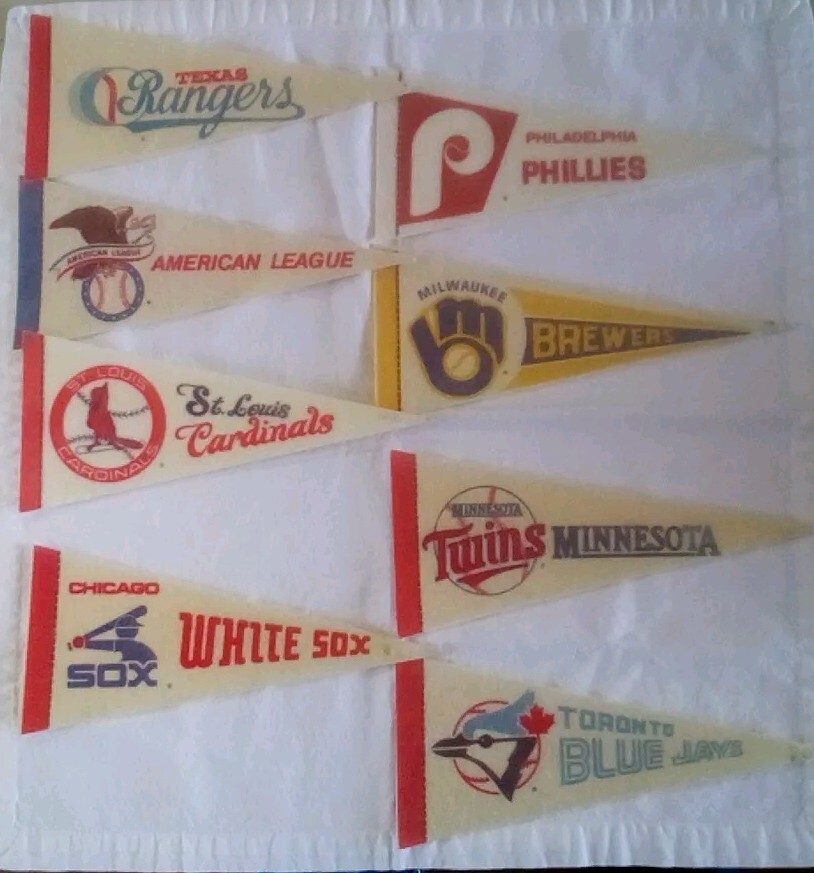 8 Vtg. Miniature MLB Baseball Pennants 1970's 9"X4" Please Read ...