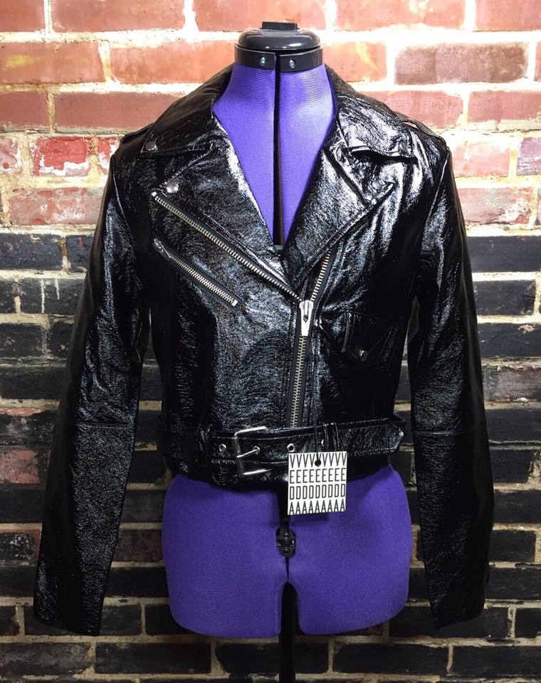Veda Baby Jane Cropped Moto Jacket Glossy Black Vegan Leather Sz M NWT ...
