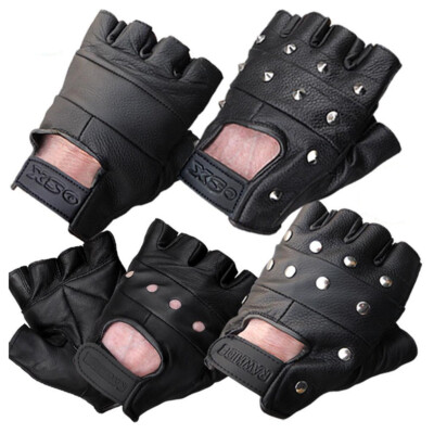 Unisex Halloween Leather Gloves Stud Half Finger Gloves Padded Biker ...