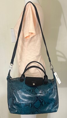 Longchamp Le Pliage Cuir Cedar Blue Python Embossed Leather Tote | eBay