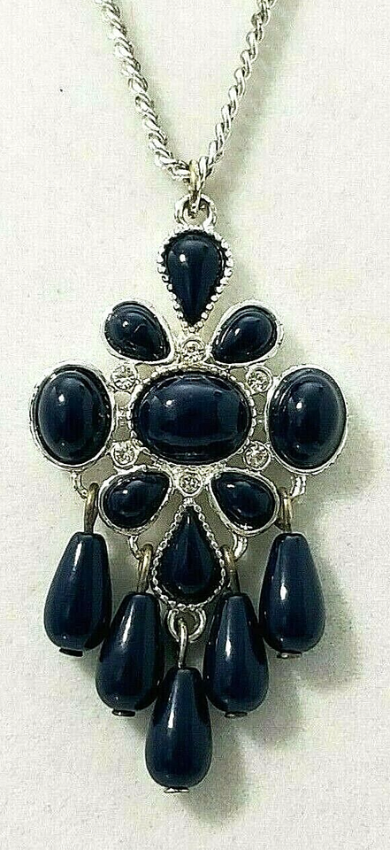 Navy Blue Bead Cabochon Pendant Necklace Rhinestones Silver Signed NWT ...