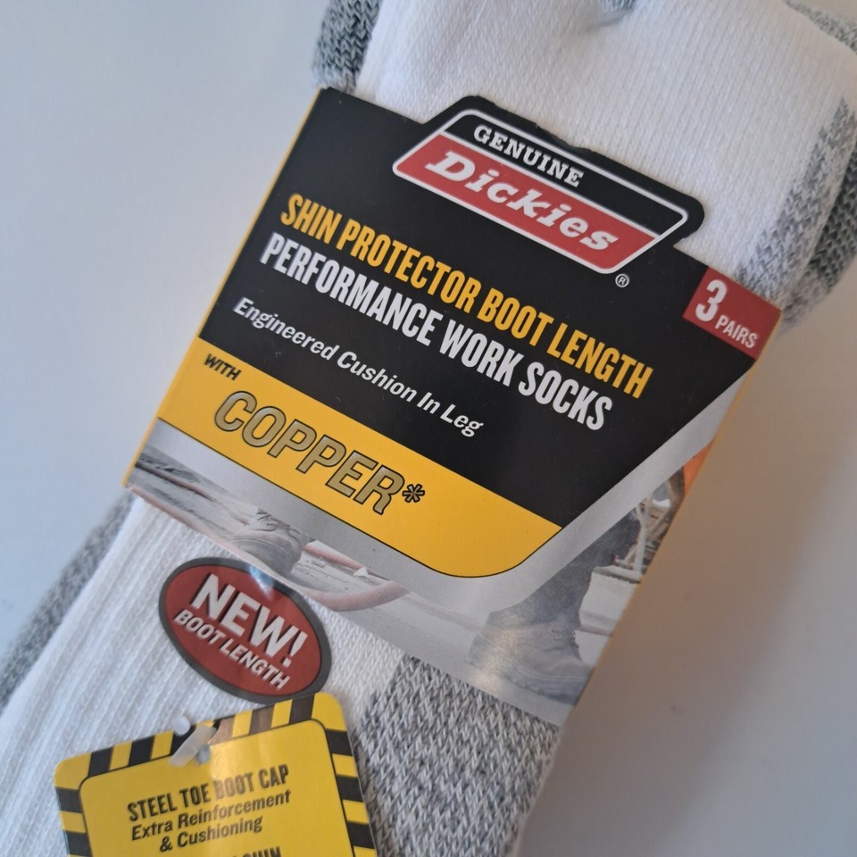 3 Pair Dickies Steel Toe Shin Protector Boot Length Work Sock White 6 ...