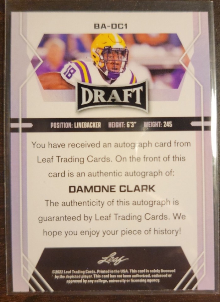 2022 Damone Clark Leaf Draft Football #BA-DC1 🔥 Gold Auto RC LSU ...