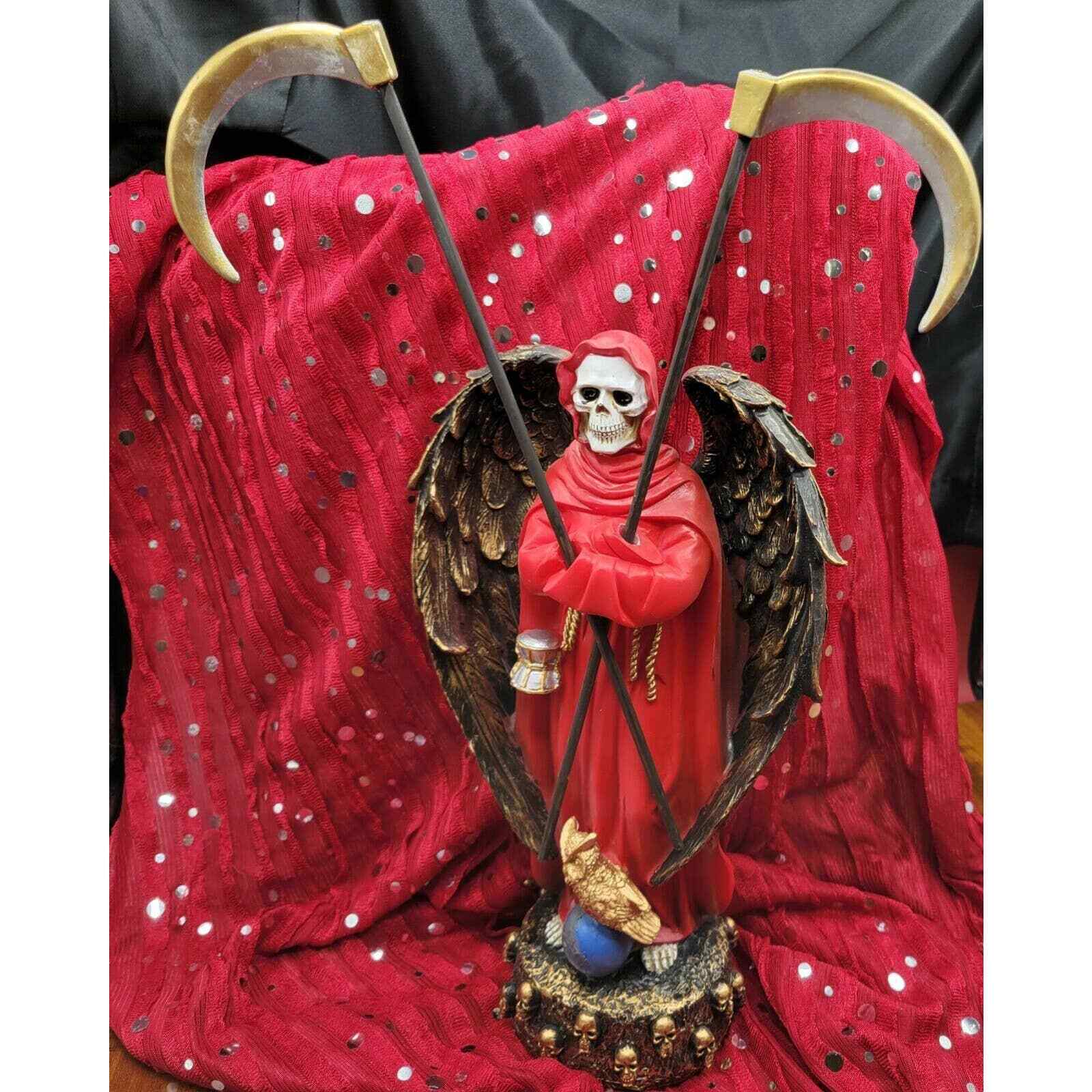 SANTA MUERTE STATUE RED 12" HOLY DEATH WITH WINGS AND TWO SCYTHES ...