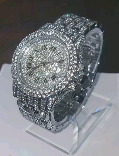 Men's Luxury Fully Covered Simulated Diamond Steel Band Watch with Day ...