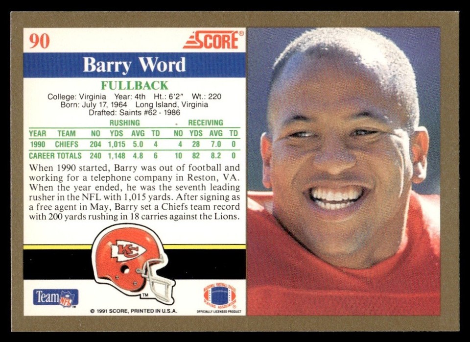 1991 Score Barry Word Kansas City Chiefs #90 | eBay