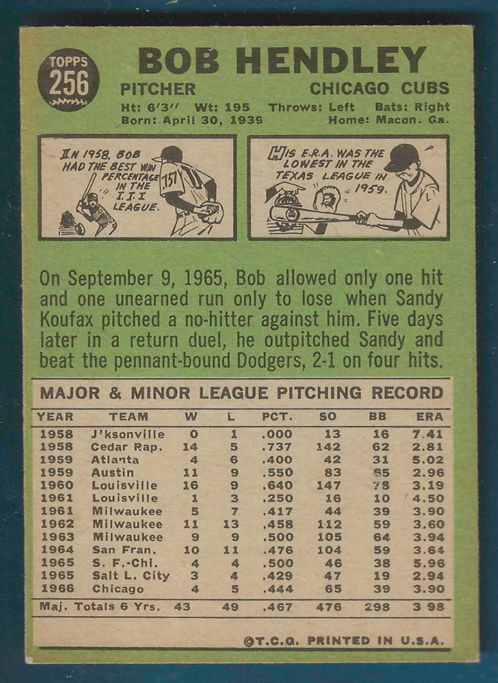 1967 Topps Baseball Chicago Cubs Bob Hendley #256 EX-EX+ BB | eBay