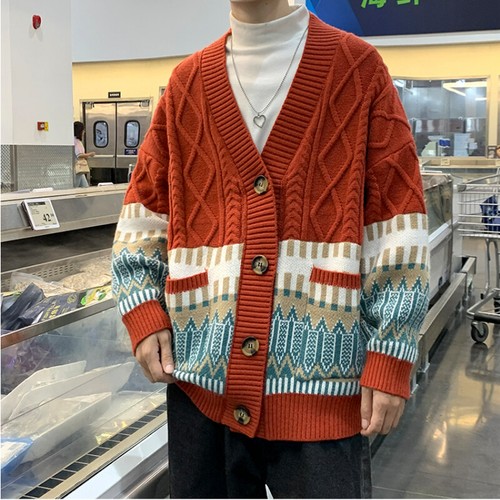 Mens Knitted Jumper Cardigan Sweater Japanese Ethnic Thermal Knitwear ...