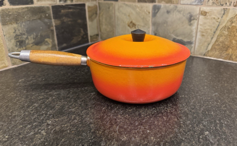 Le Creuset Vintage Sauce Pan Flame Orange #20 Wood Handle Pot Enameled ...