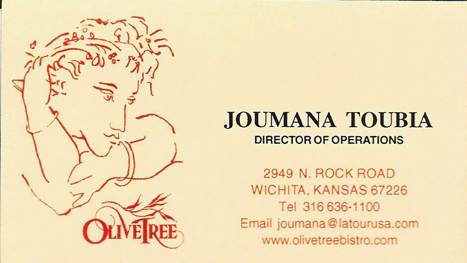 BUSINESS CARD WICHITA KANSAS OLIVE TREE RESTAURANT JOUMANA TOUBIA ROCK ...