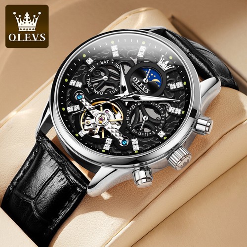 OLEVS Skeleton Tourbillon Automatic Mechanical Men Watch Waterproof ...