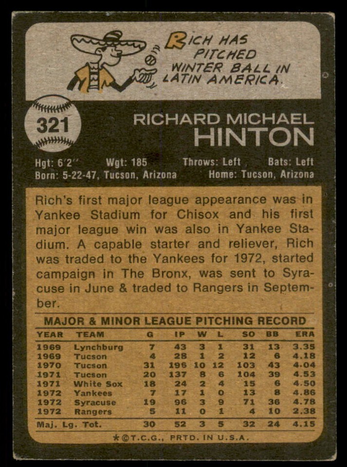 1973 Topps Rich Hinton #321 Texas Rangers | eBay