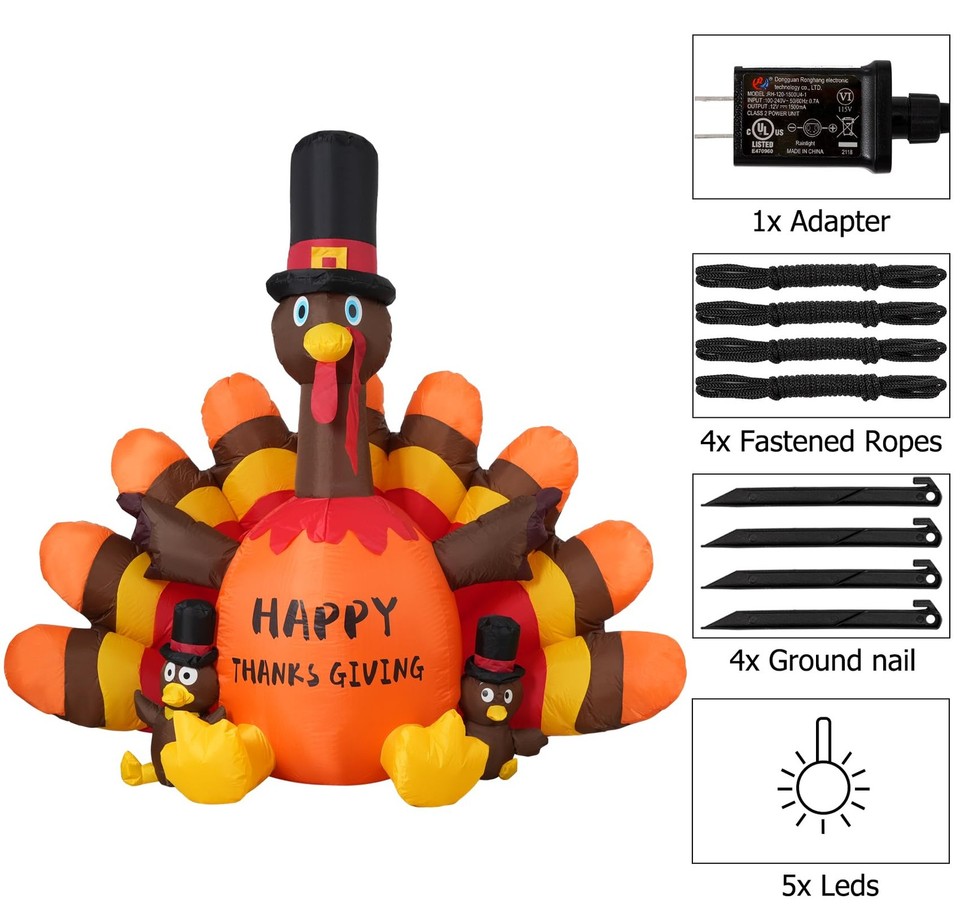 Onory 6FT Thanksgiving Inflatable Turkey with Built-in LEDs Outdoor ...