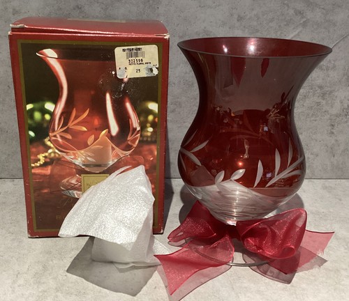 Lenox Petite Floral Christmas Ruby Red Hurricane Glass Etch Ribbon ...