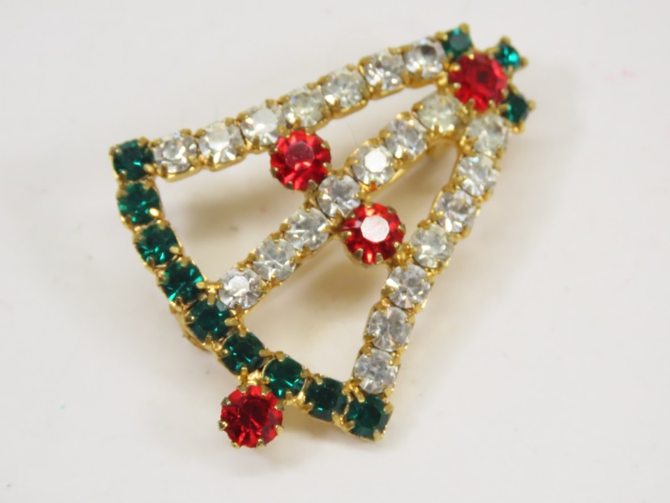 Christmas Brooch Pin Bell Pronged Rhinestones Gold Tone Vintage ...
