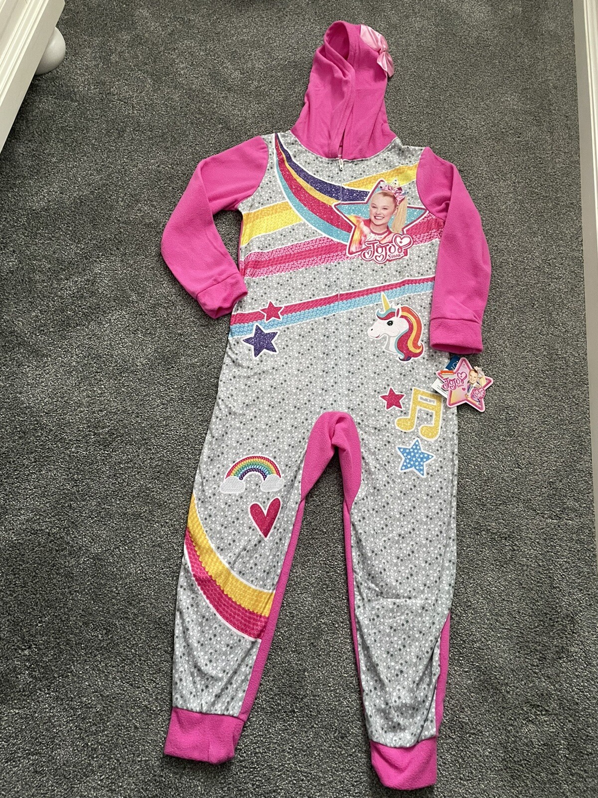 NWT JoJo Siwa Pink Grey Hooded One-Piece Fleece Pajamas Girl Size 6/6X ...