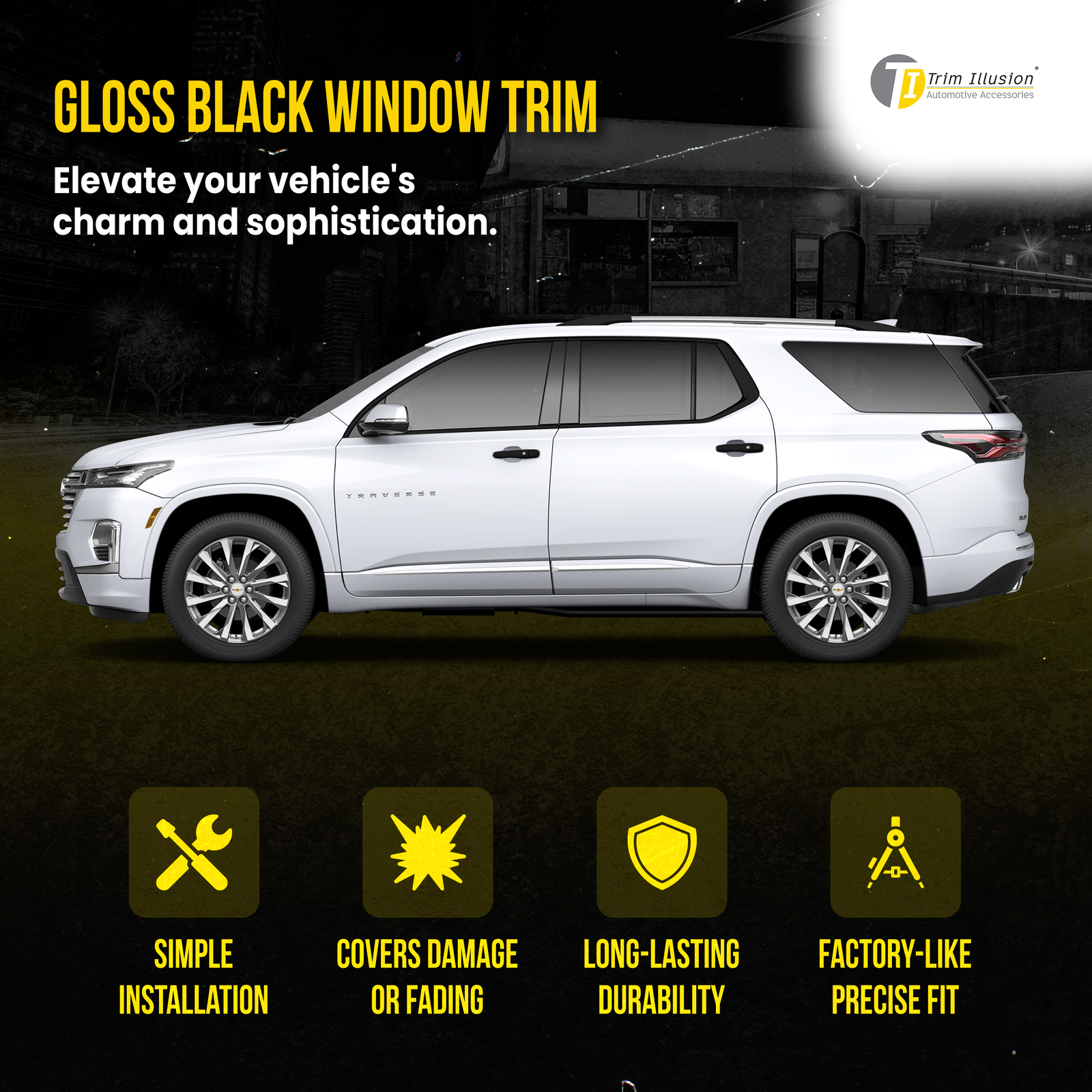 Gloss Black Car Window Trim Molding Set Tape On Overlay For Chevy ...