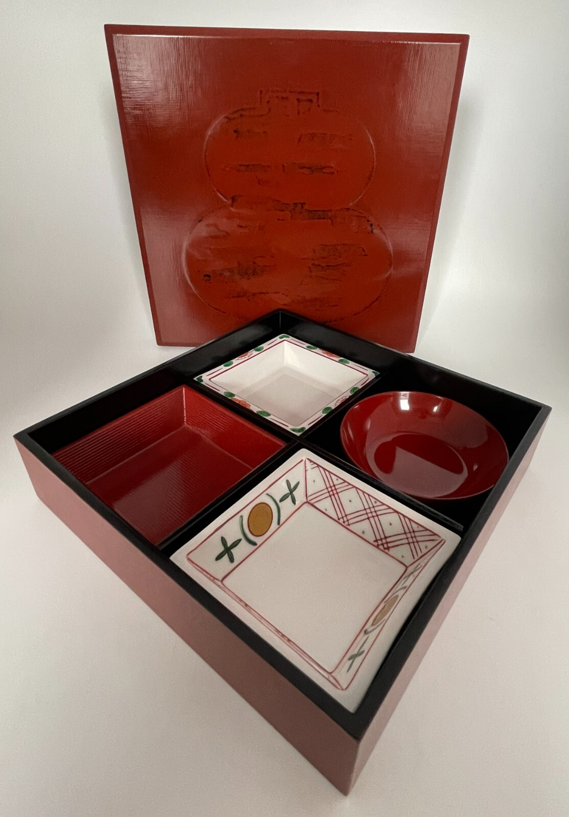 Vintage Japanese Large Square Red Lacquer Bento Box with 4 Dishes | eBay