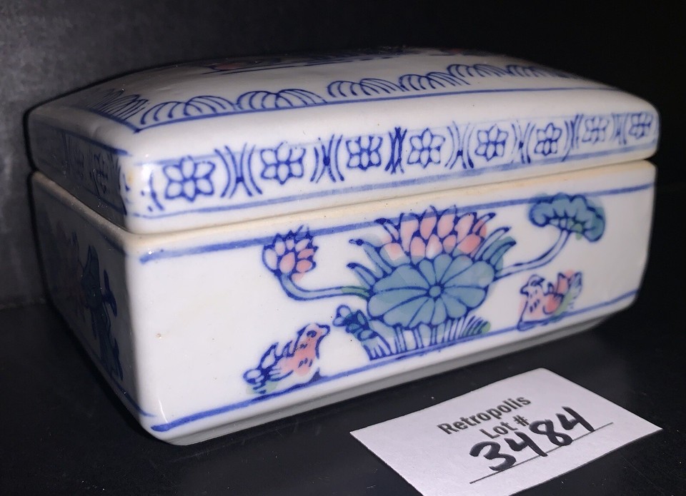 Asian Ceramic Trinket Jewelry Box Lotus Flower Lid China Pink Blue ...