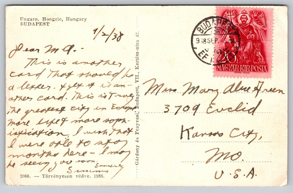 Postcard Budapest Hungary 1938 | eBay