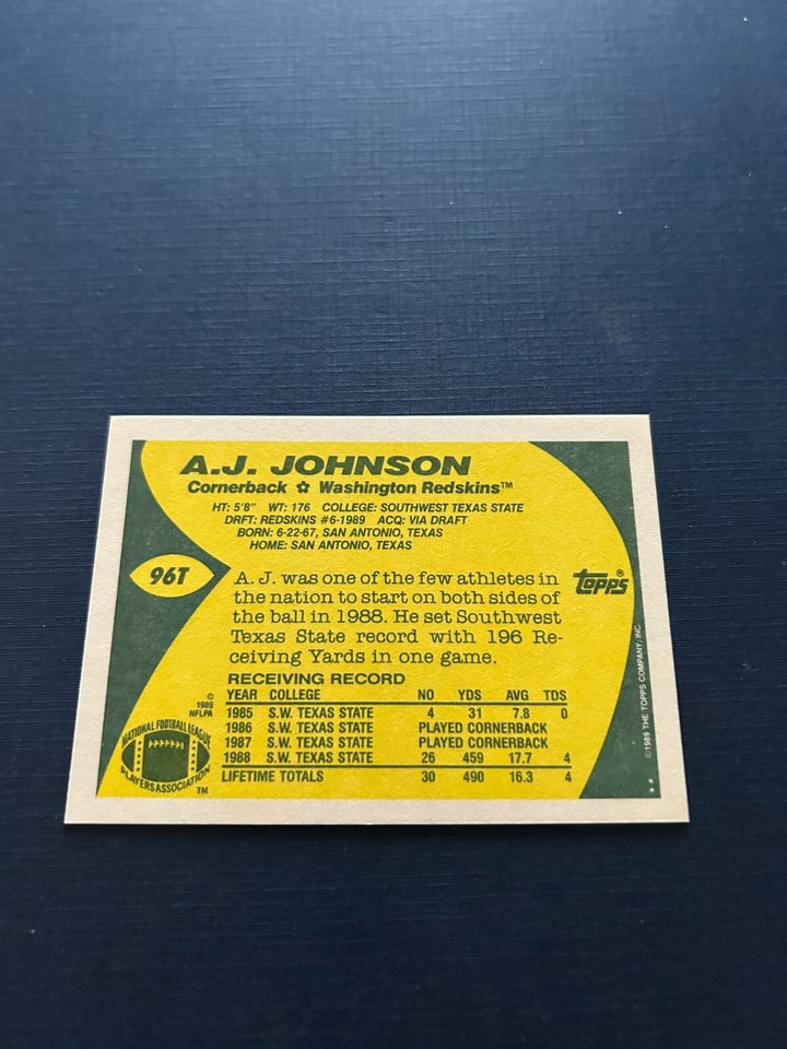 1989 Topps Traded Football A. J. Johnson Rookie Card #96T Factory Set ...