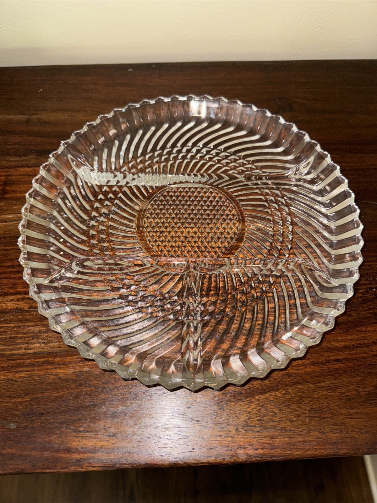 Vintage Divided Glass Dish Serving Plate Clear Scalloped Ribbed 4 ...