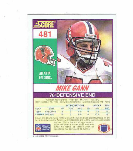 Mike Gann Atlanta Falcons #76 Defensive End #481 Score 1990 Football ...