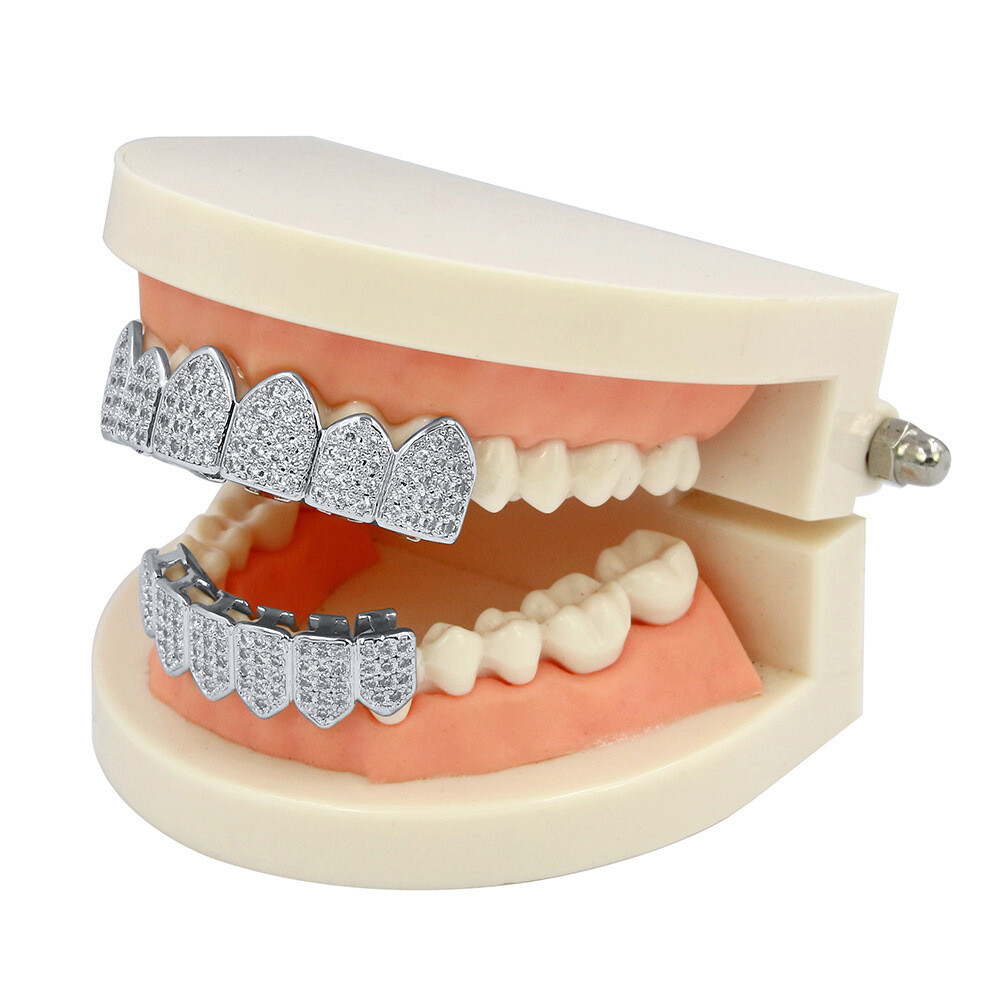 Hip Hop 925 Silver Simulated Diamonds Custom GRILLZ Teeth Top Bottom ...