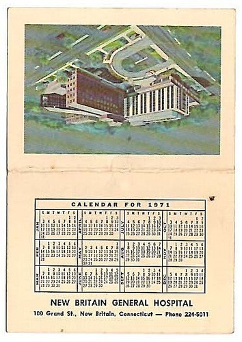 NEW BRITAIN GENERAL HOSPITAL Connecticut ~ 1971 Pocket Calendar ~ FREE ...