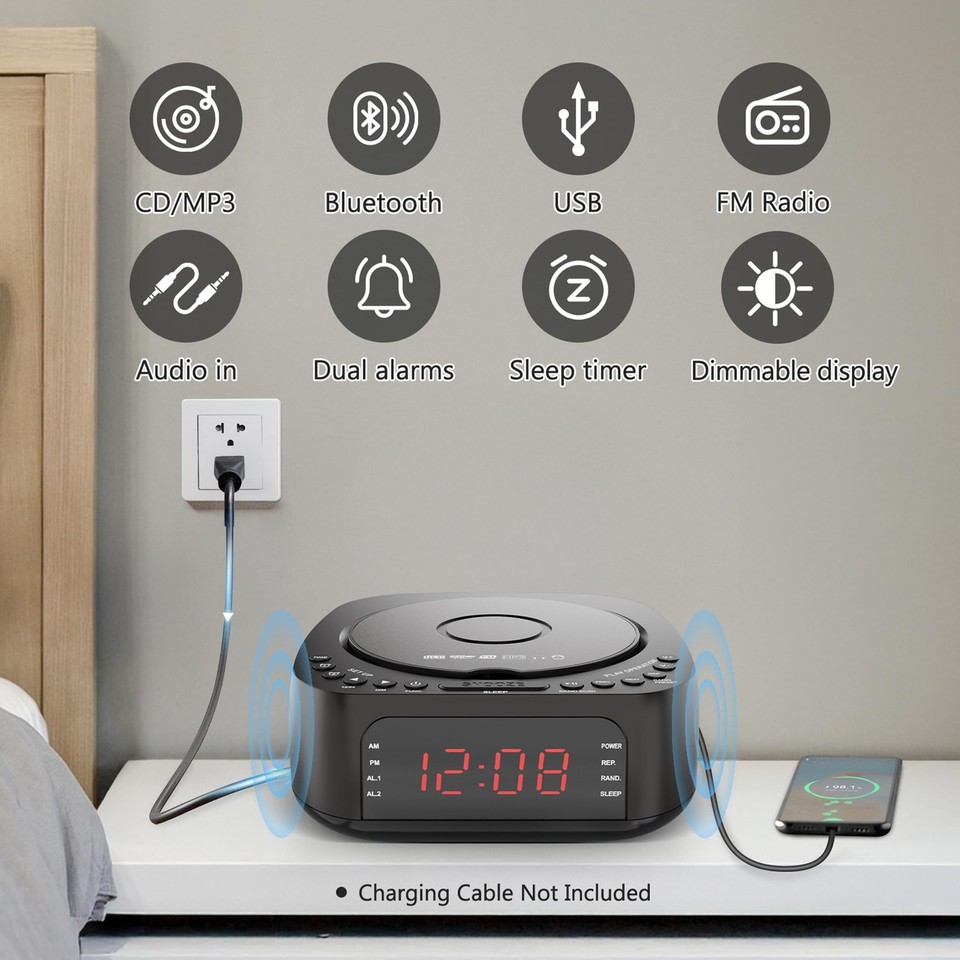 CD Player Alarm Clock with Remote:CD/MP3,Bluetooth,FM Radio with ...
