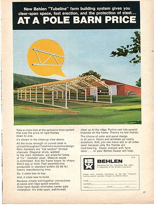 1970 Print Ad of Behlen Tubeline Farm Building at a pole barn price | eBay
