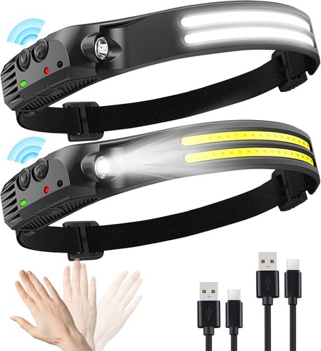 2x LED Super Bright Head Torch Rechargeable Waterproof Powerful USB COB ...
